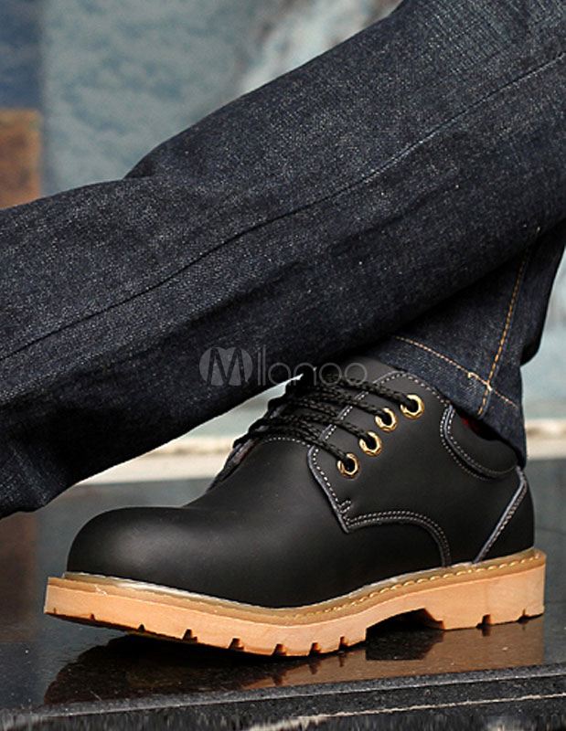 Fashion Black Round Toe Lace Up Cowhide Mens Casual Shoes - Milanoo.com