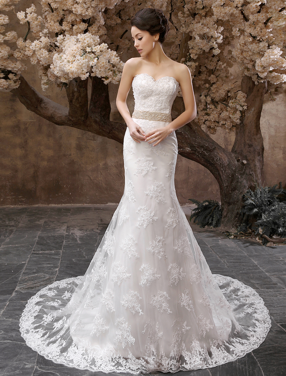 Mermaid Wedding Dress Strapless Lace Beading Sweetheart Neckline Court ...