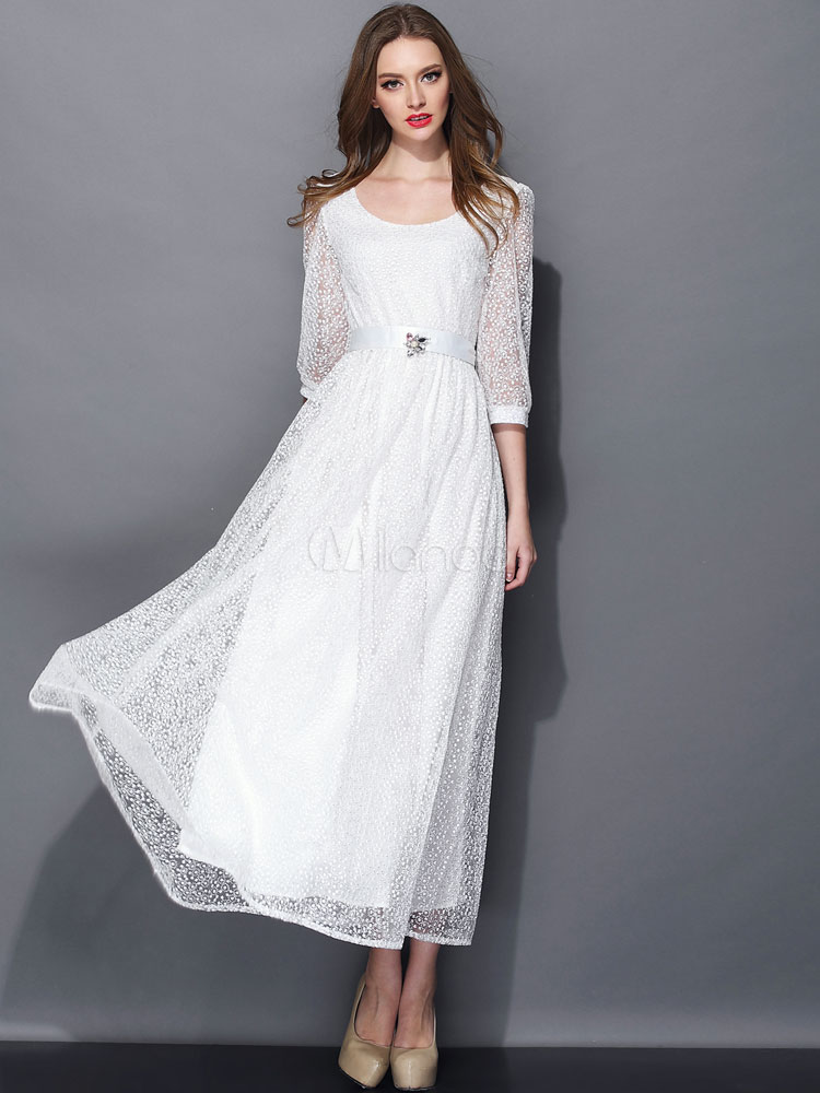 Weißes Kleid aus Seide mit Illusion-Ärmeln - Milanoo.com