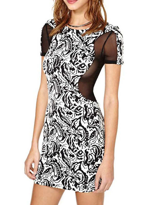 Stylish Crewneck Lace Floral Print Semi-sheer Short Dress - Milanoo.com