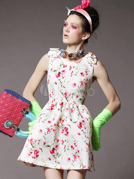 Fashion Crewneck Bow Acetate Womens Skater Dress
