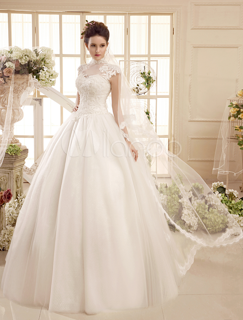 Floor-Length Ivory High Collar Ball Gown Applique Wedding Dress Milanoo ...