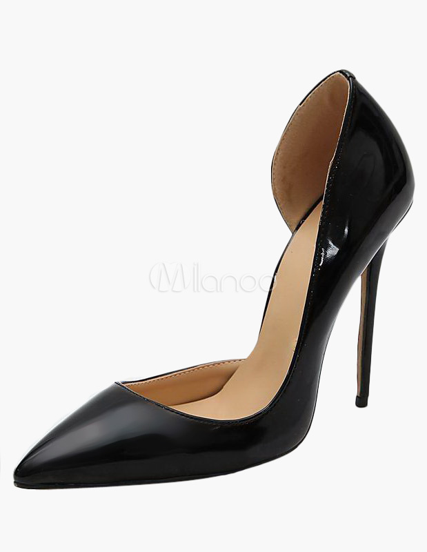 Black Stiletto Heel Patent Leather Pointy Toe Heels - Milanoo.com