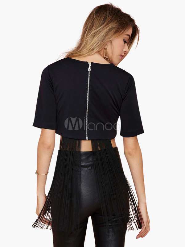 Half Sleeves Crop Top With Fringe - Milanoo.com