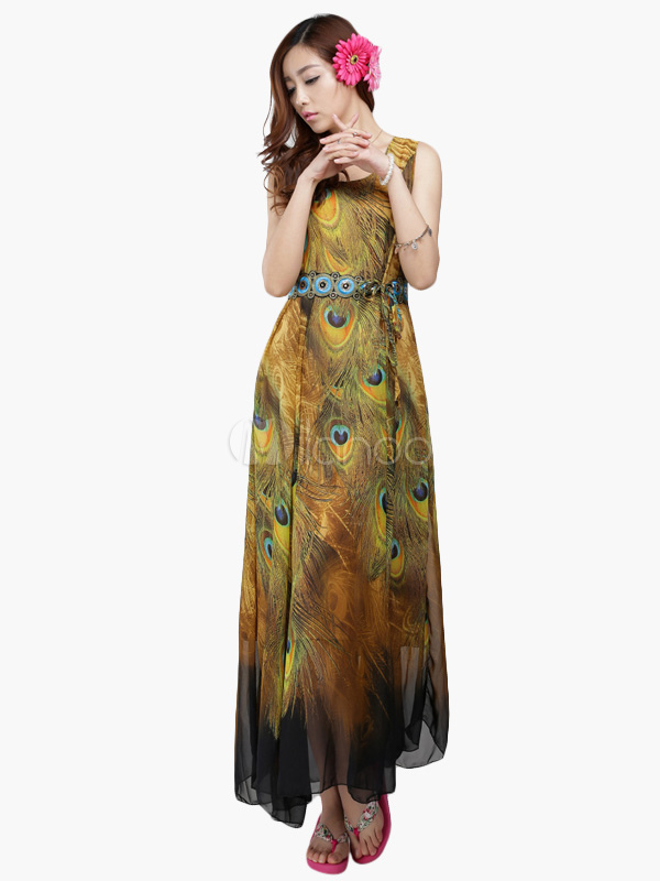 Sleeveless Premium Chiffon Peacock Maxi Dress