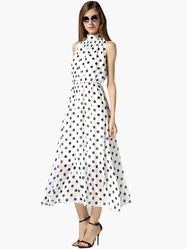 High Collar Sleeveless Polka Dot Maxi Dress