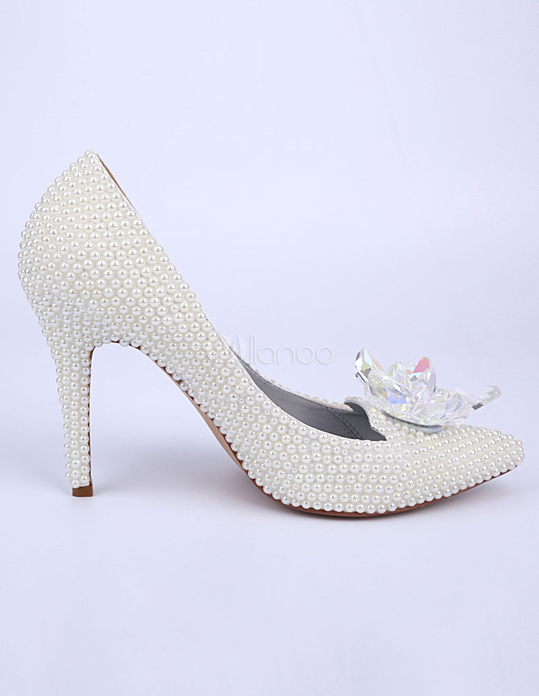 White Pearls Flower Pointed Toe Pumps For Bride - Milanoo.com