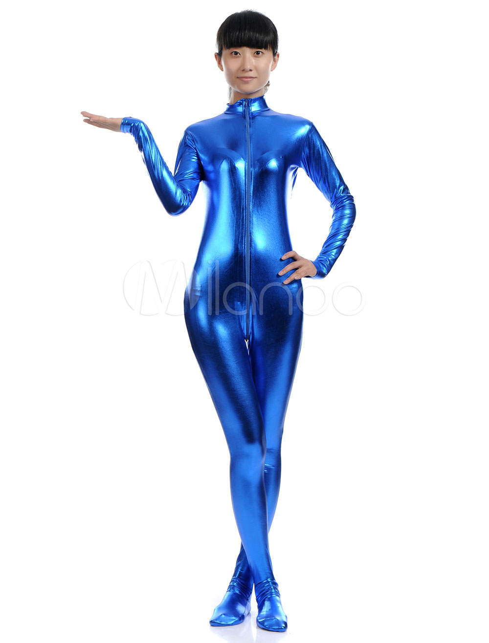 Royal Blue Shiny Metallic Zentai Suit For Women Halloween Zipper