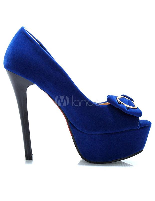 Blue Pumps Platform Peep Toe Bow Micro Suede Pumps - Milanoo.com