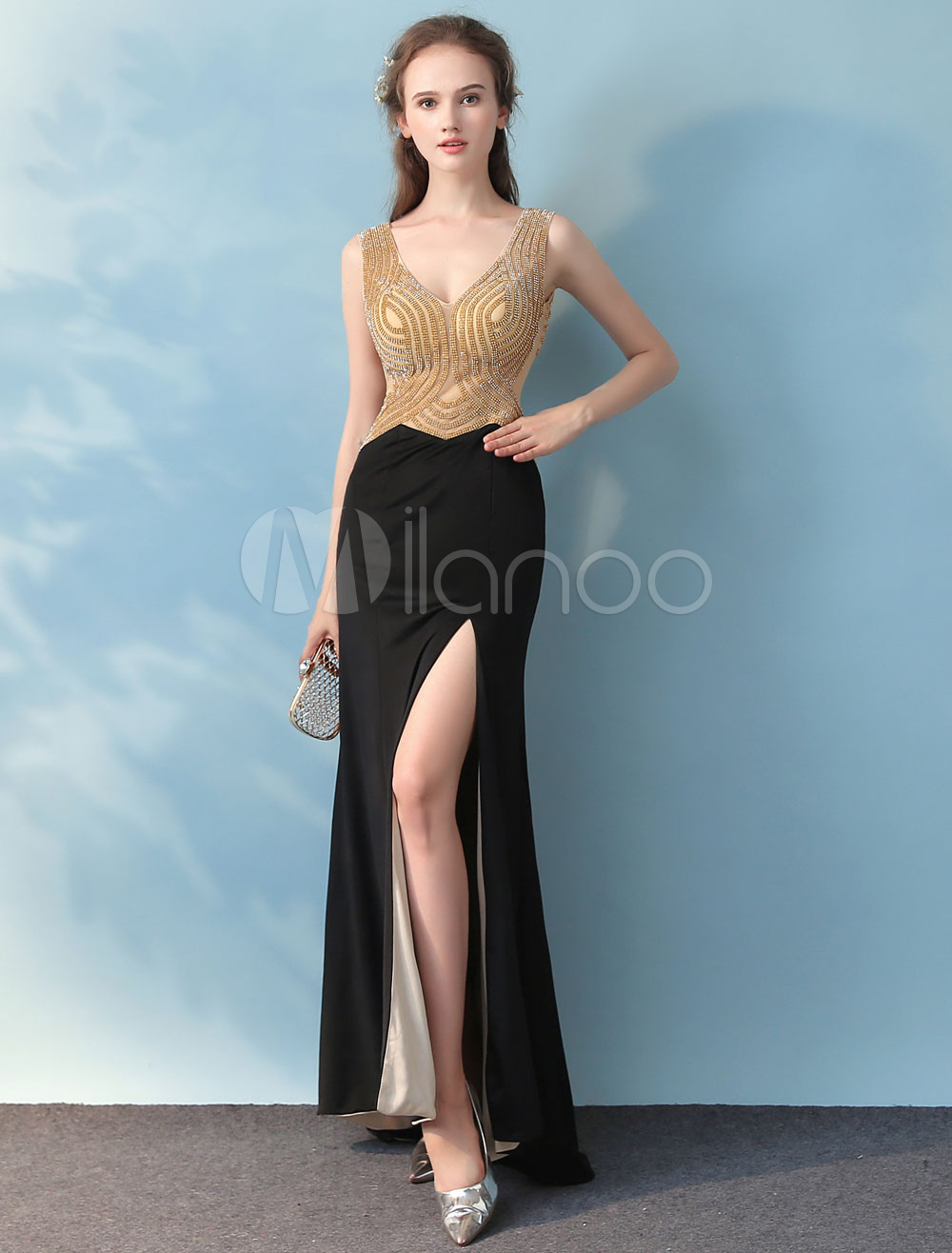 Black Prom Dresses Long Sexy High Split Evening Dresses Beading V Neck