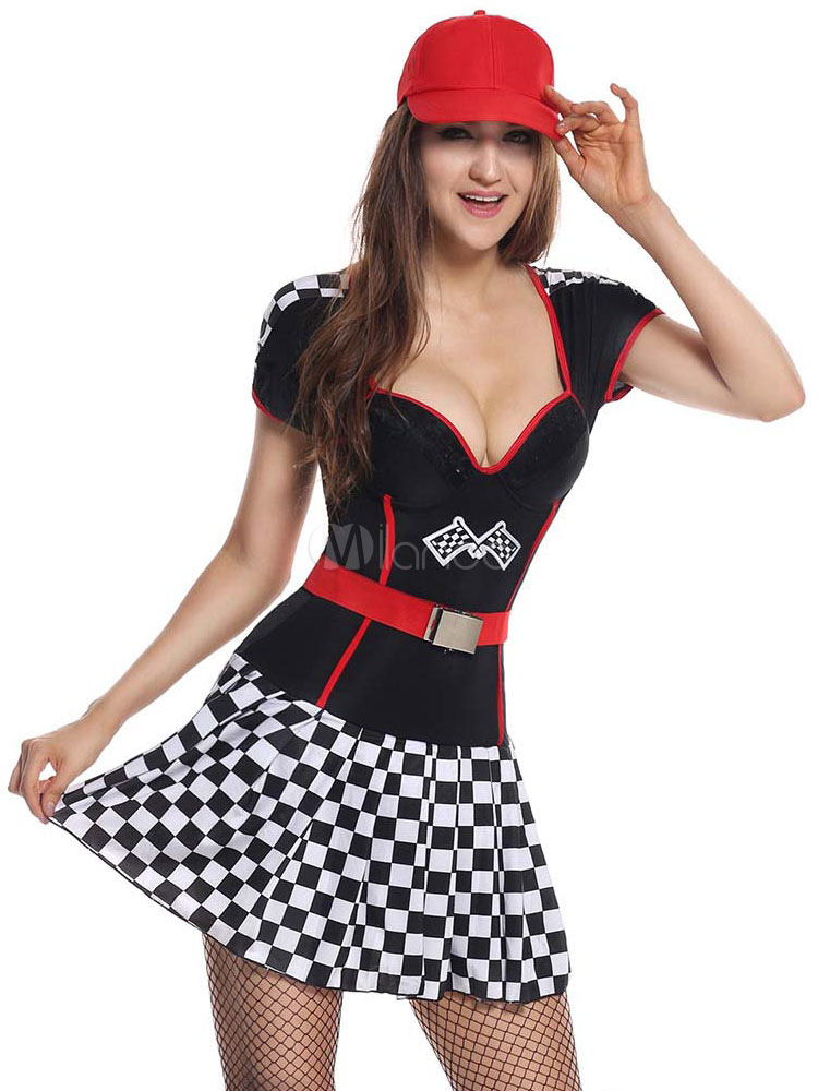 Race Car Driver Costume Womens Sexy Black Plaid Short Dress With Hat