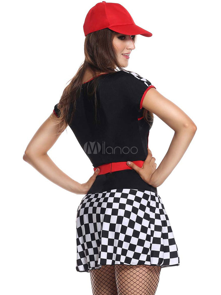 Race Car Driver Costume Womens Sexy Black Plaid Short Dress With Hat
