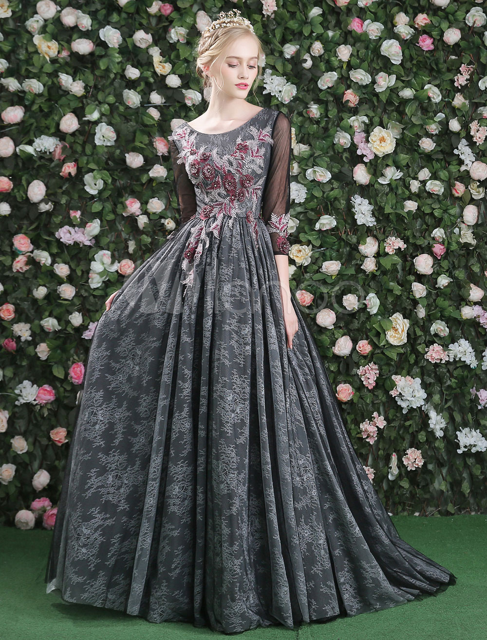 Black Prom Dresses Lace Luxury Evening Dress Flowers Embroidered Long