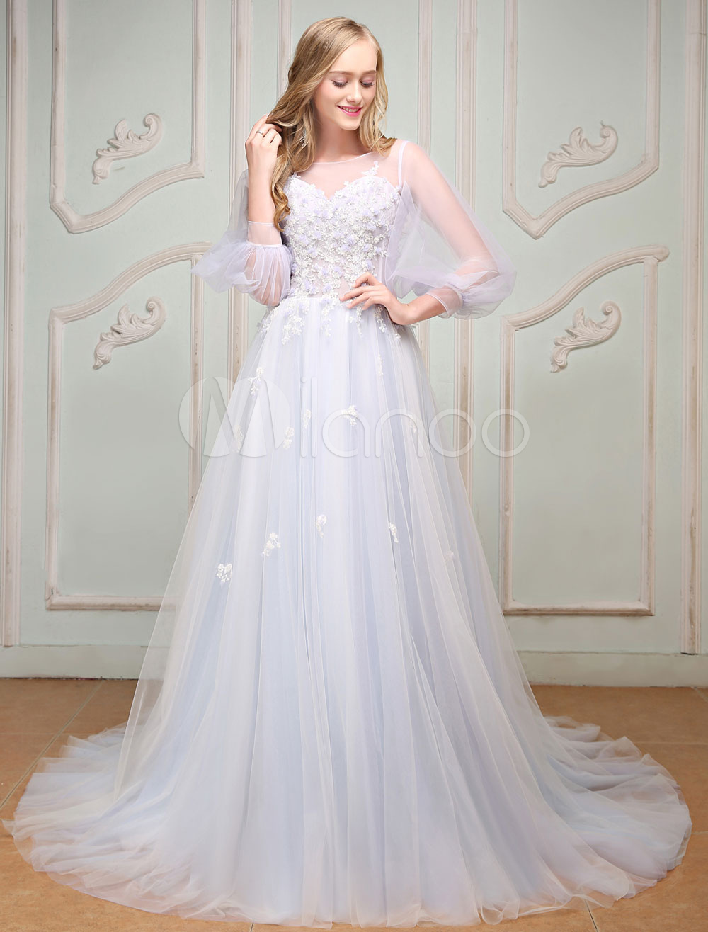 Violet Prom Dresses Luxury Tulle Balloon Sleeve Keyhole Illusion ...