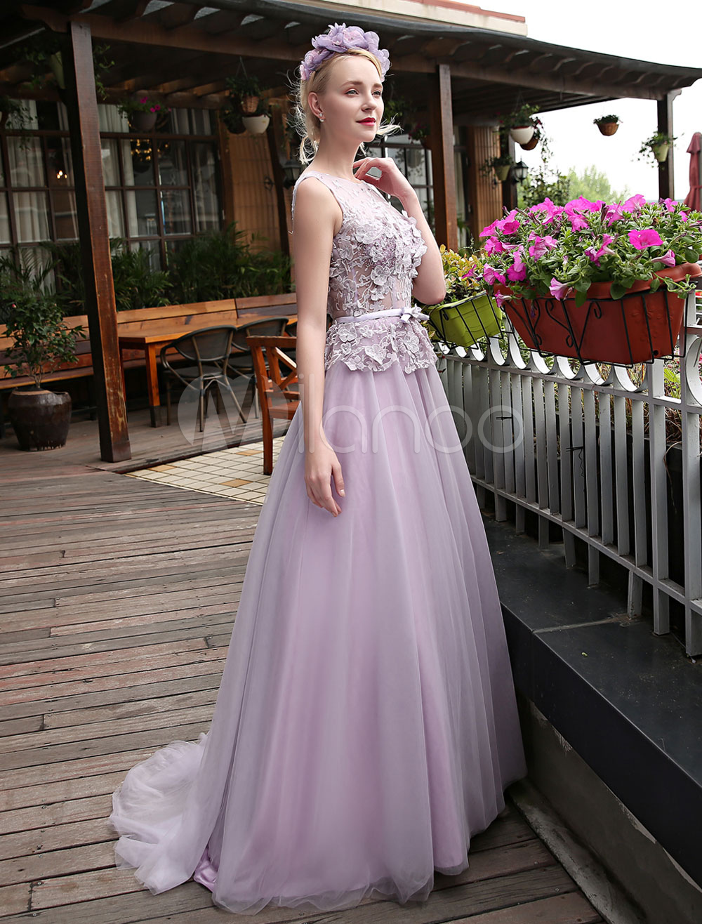 Lilac Prom Dresses Luxury Lace Flowers Beading Backless Tulle Round ...