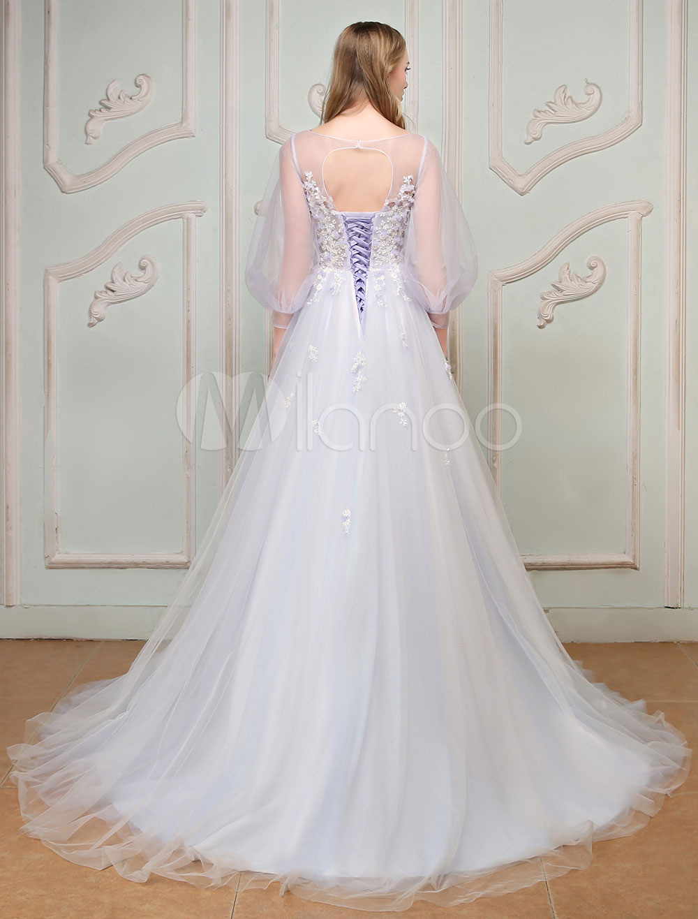 Violet Prom Dresses Luxury Tulle Balloon Sleeve Keyhole Illusion ...