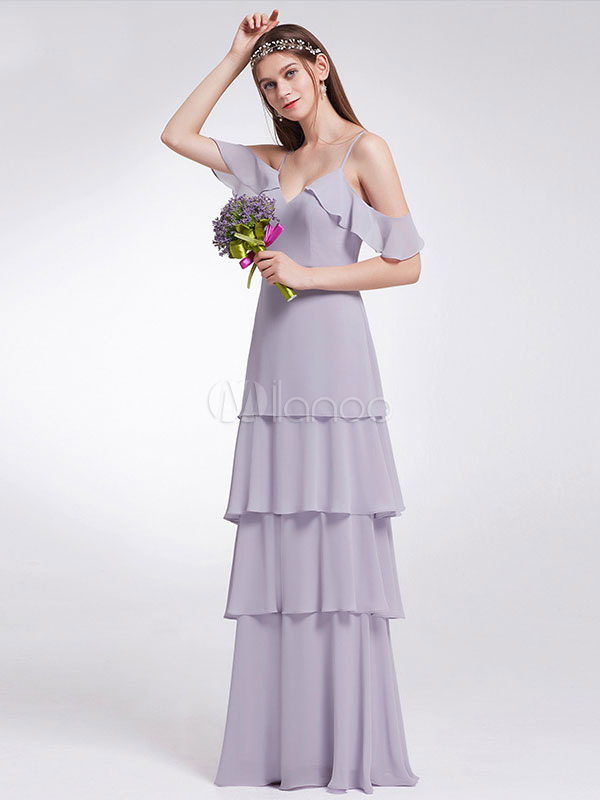 Lilac Bridesmaid Dress Long Chiffon Ruffles Tiered V Neck Off The