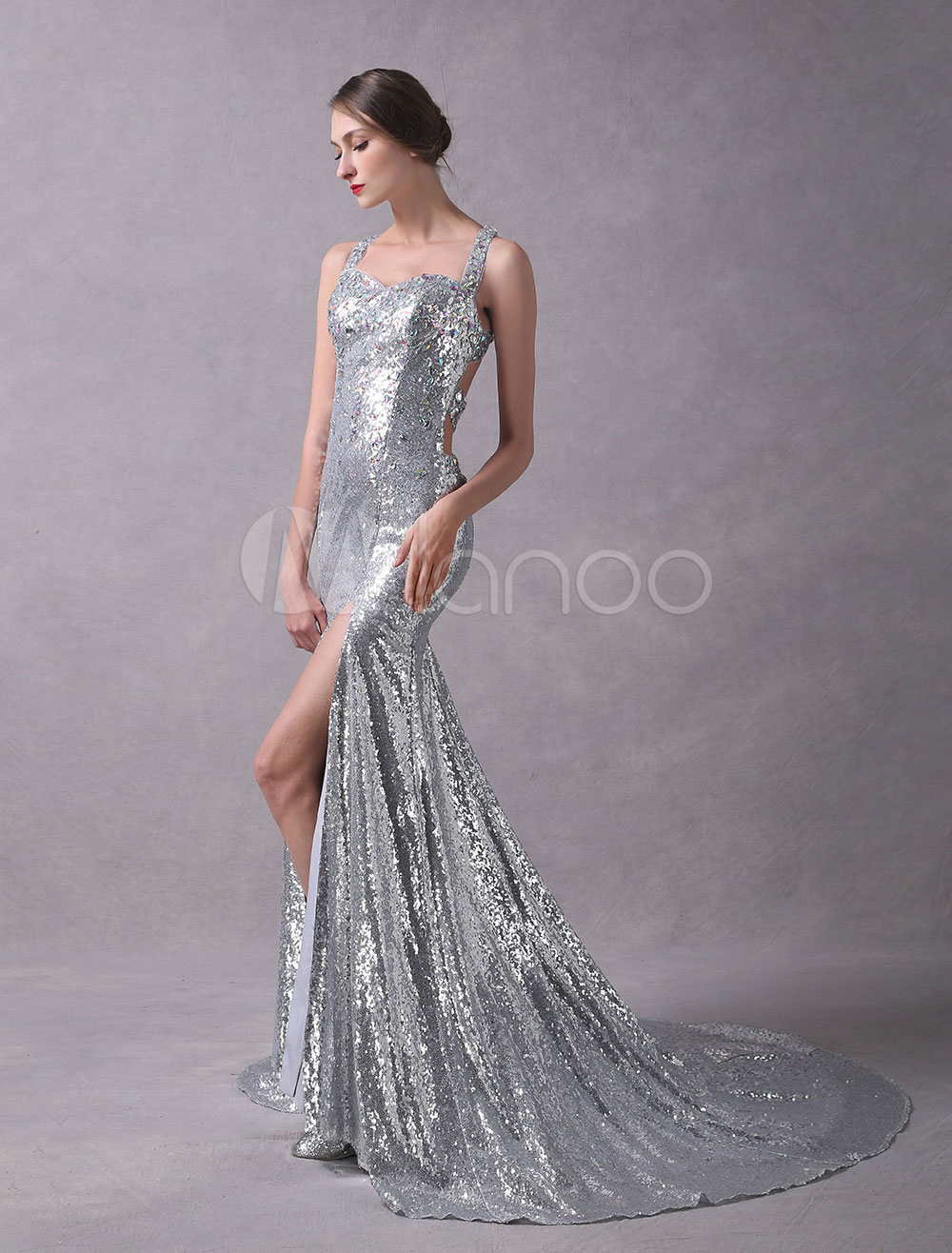 Silver Evening Dresses Sequined Beaded Glitter Sexy High Split Cross ...