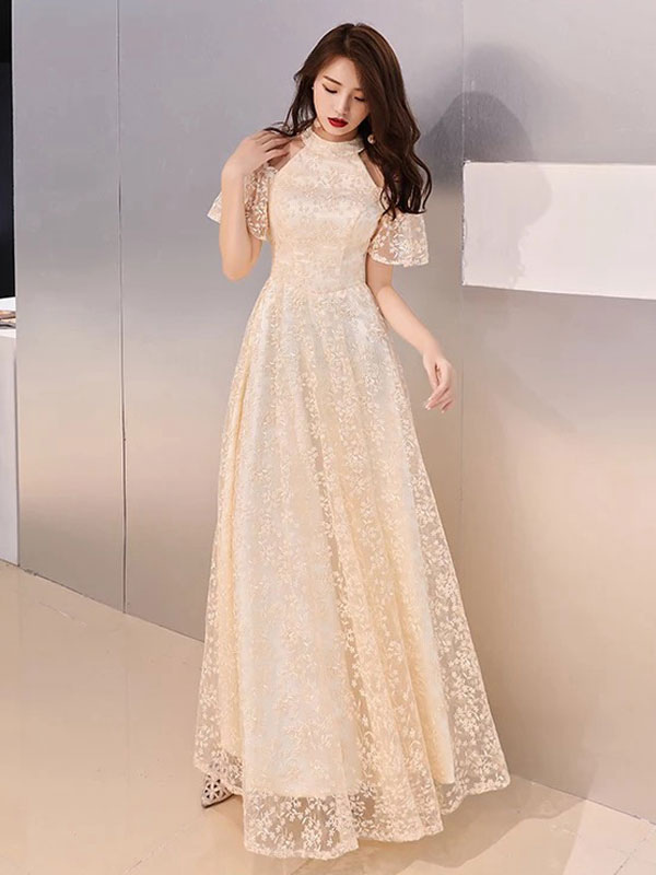 Abendkleider Champagne Lace Cold Shoulder bodenlangen Abendkleid ...