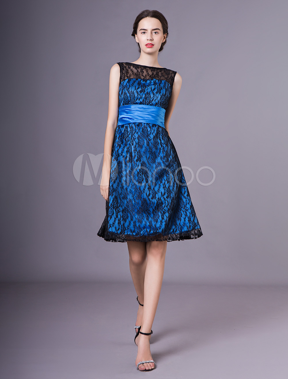 Wedding Guest Dresses Lace Blue Short Sash A Line Cocktail Dress ...