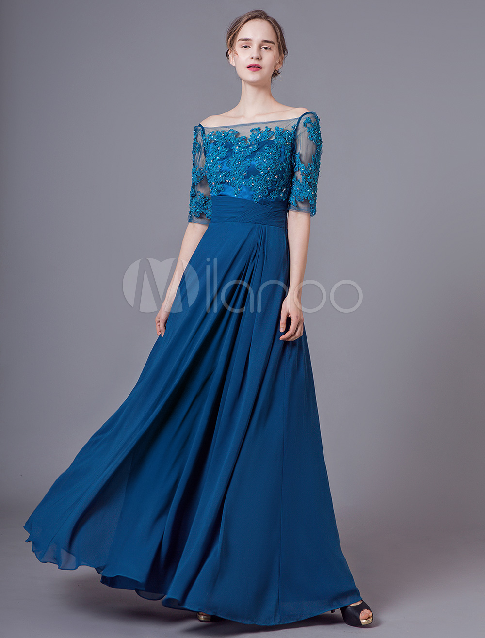 Evening Dresses Applique Beaded Royal Blue Mother Dress Half Sleeve ...