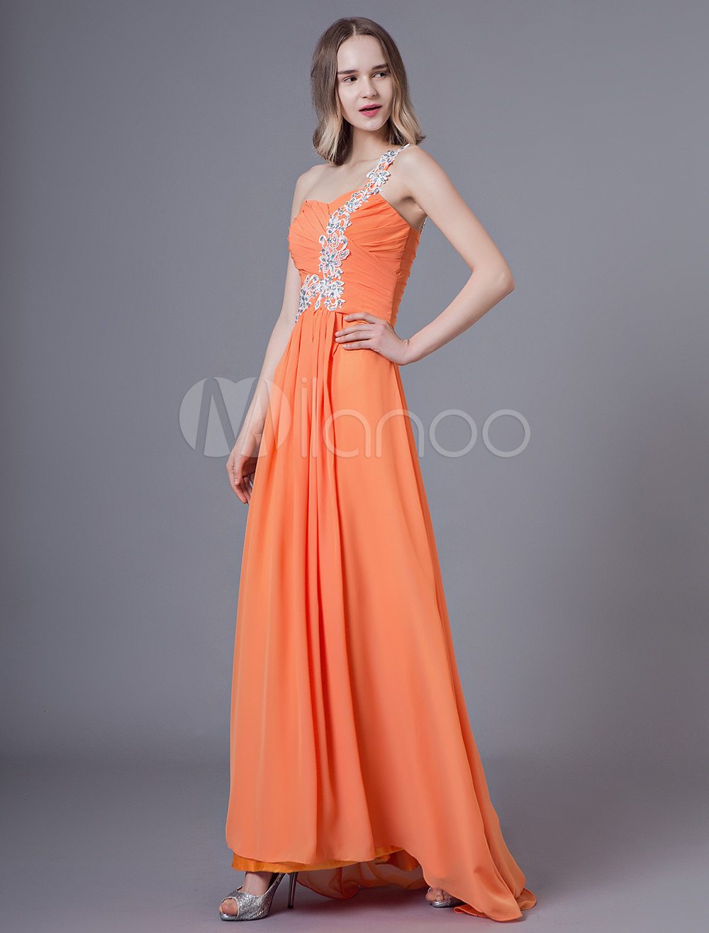 Prom Dresses Long One Shoulder Chiffon Lace Applique Orange Beaded ...