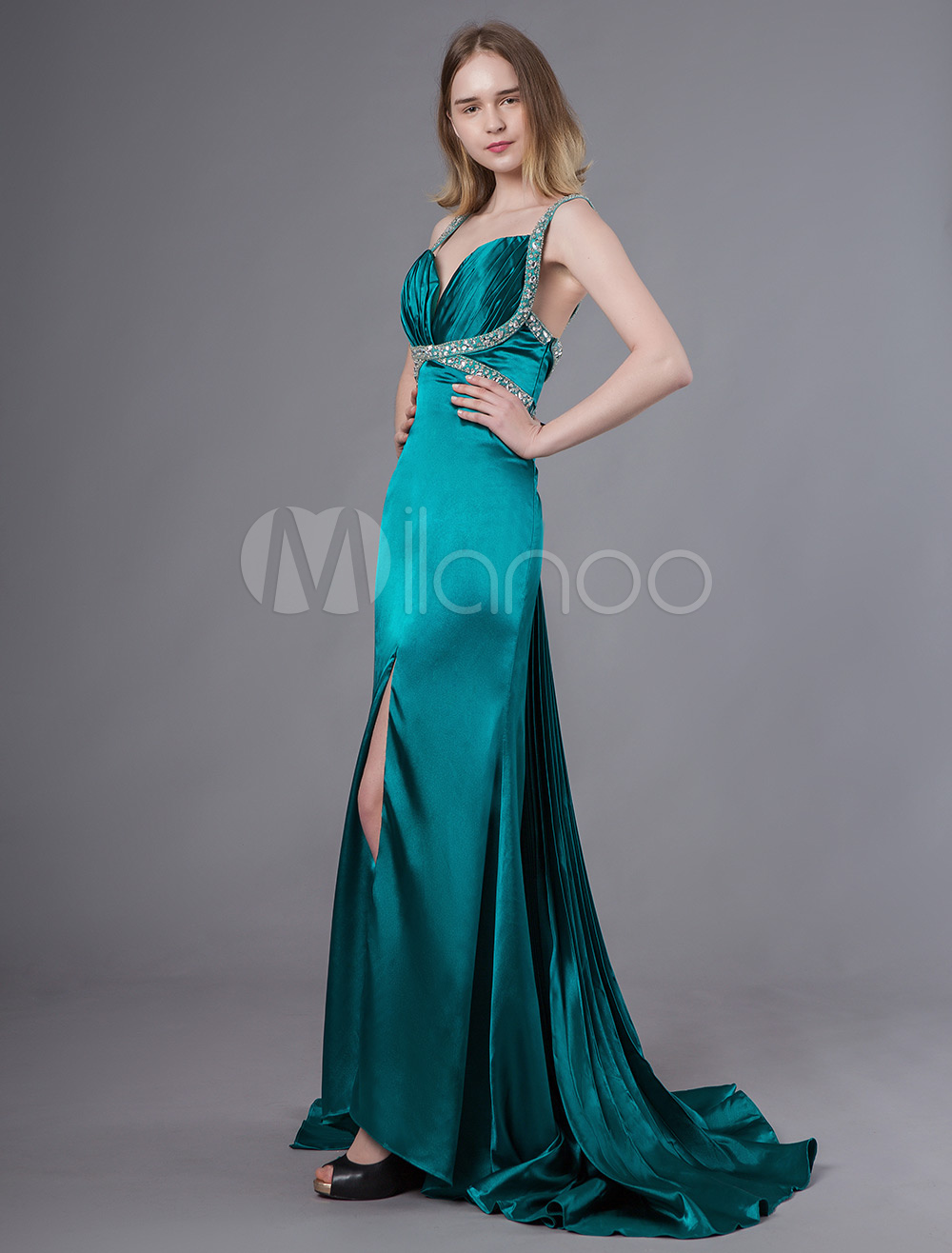 Evening Dresses Sexy Long Prom Dress Beading High Split Pleated Formal ...