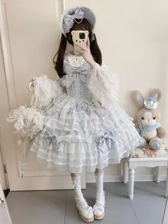 古典的なロリータJSKドレスライトスカイブルーパール弓ロリータ