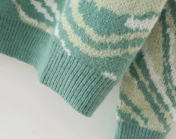 Women Pullover Sweater Pastel Green Piping Printed Jewel Neck Long ...